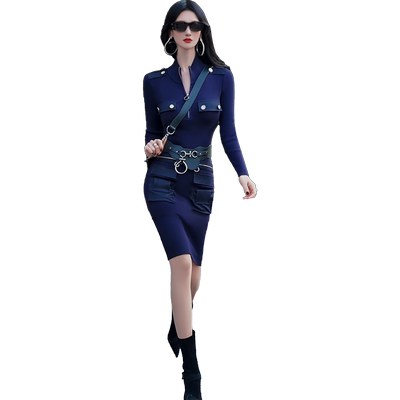 轻熟风收腰显瘦针织口袋连衣裙