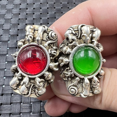 仿玉石镶嵚藏银活口戒指