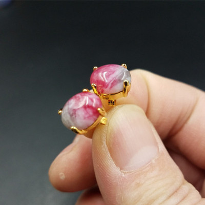 新款精美天然玉石蛋面粉色耳钉