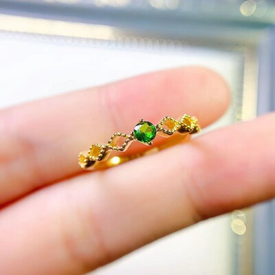 新款925银镶嵌天然透辉石戒指女开口日韩简约百搭款指环饰品