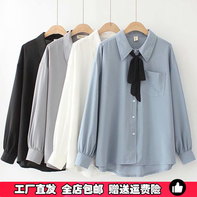 加肥加大码女装飘带雪纺长袖衬衫