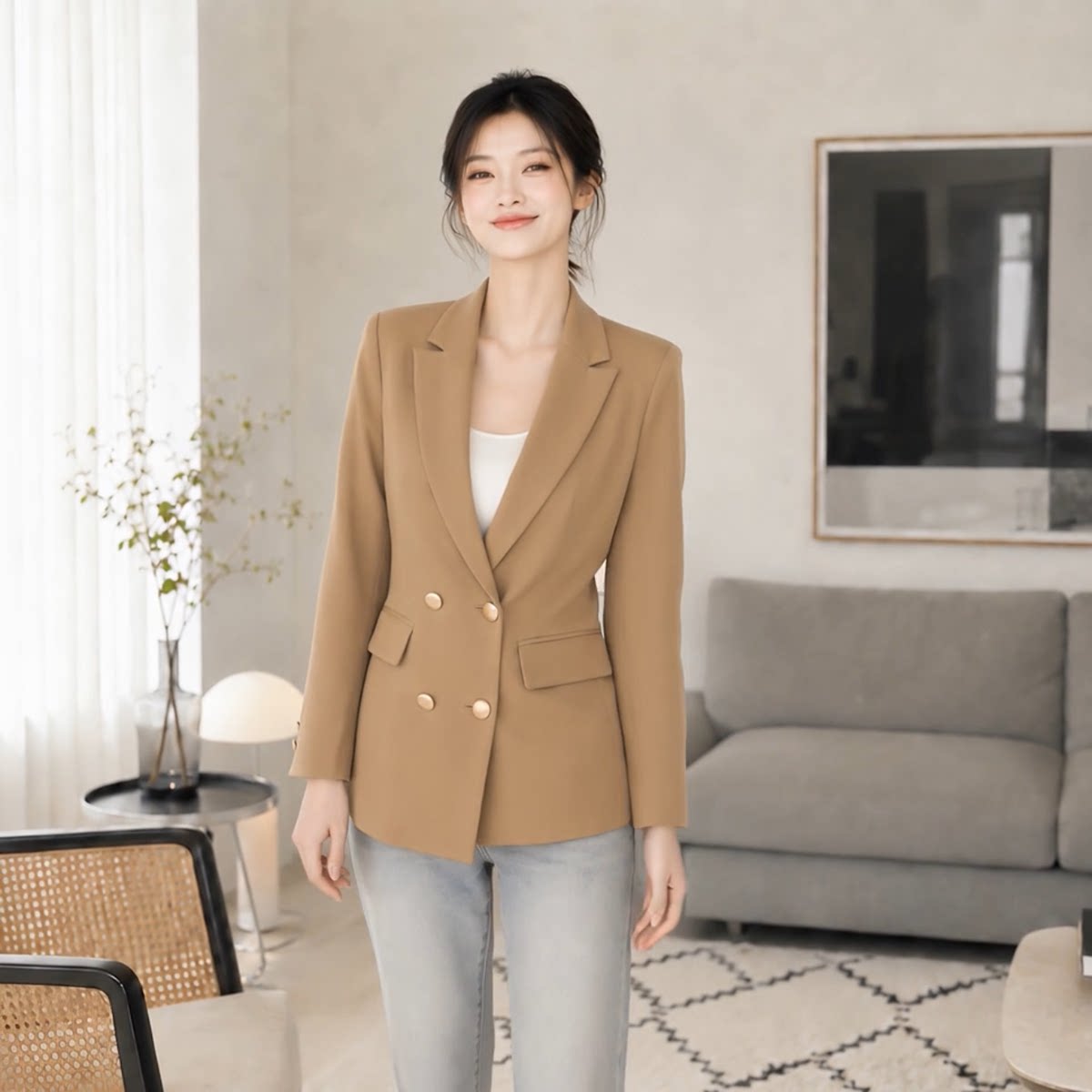 2026春秋新款简约百搭气质双排扣修身显瘦中长款小西装外套女西服