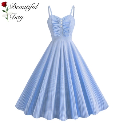 法式Vintage气质小众复古50年代感甜美度假吊带格派对表演连衣裙
