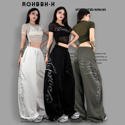 ROKBBK－K/布韩美式嘻哈风烫钻阔腿裤女街舞个性宽松休闲裤潮流