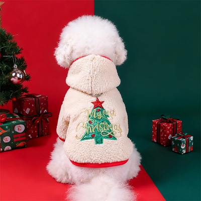 狗狗圣诞衣服小狗红色冬装冬季保暖颗粒绒带帽外套可牵引绒衣比熊