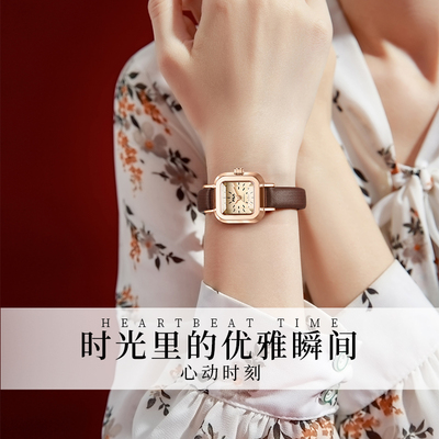 FILA斐乐皮质表带女士手表轻奢小众小圆盘送女生礼物腕表6778P