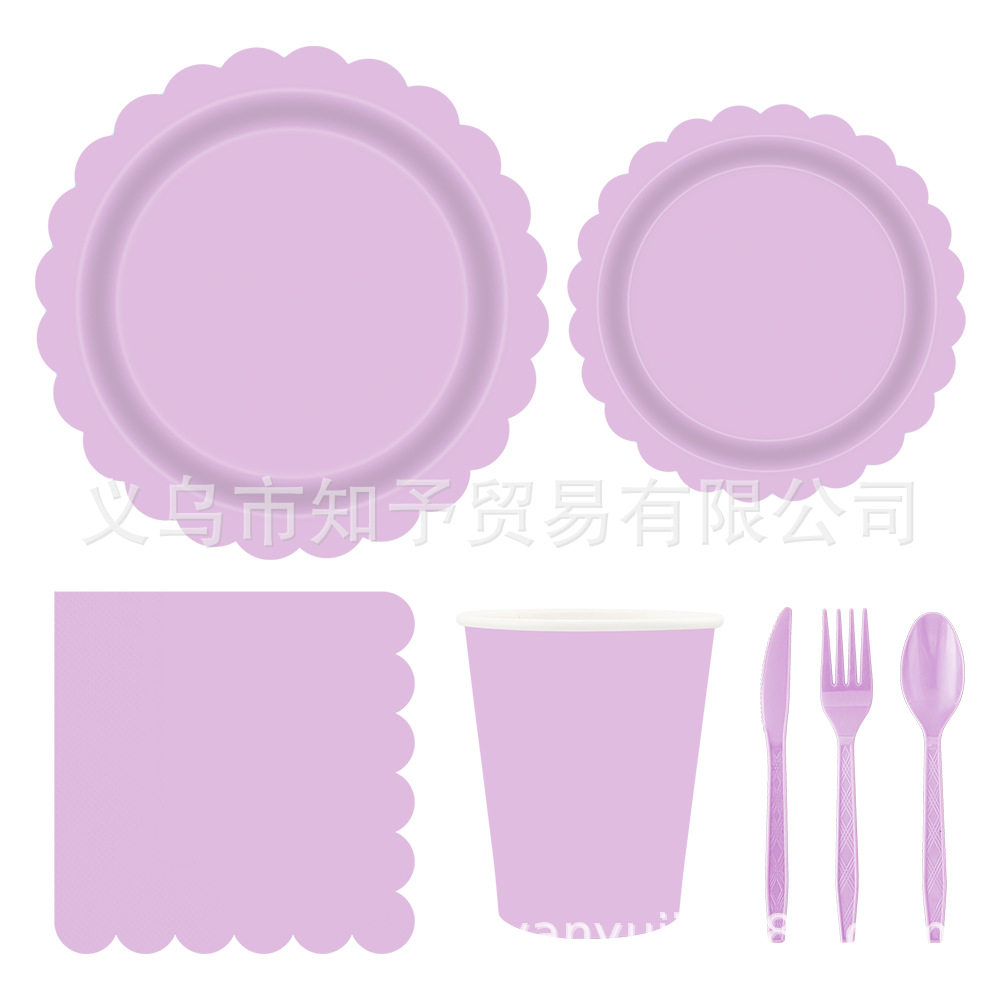 纯色花边餐具生日聚会派对装饰一次性纸盘纸杯纸巾甜品台布置套装