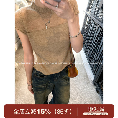 设计感中领羊毛针织短袖上衣