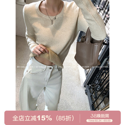 加长绒保暖圆领坑条基础款上衣