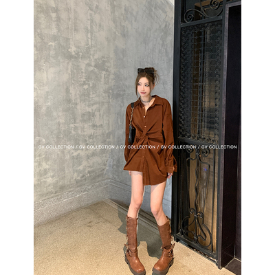 GV大白哥 Spring焦糖 不规则设计感立体纽结衬衫休闲长袖上衣女秋