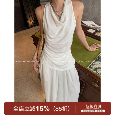 轻薄莱赛尔挂脖荡领上衣