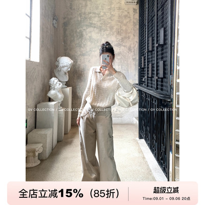 羊毛亚麻杂色编织polo领针织上衣