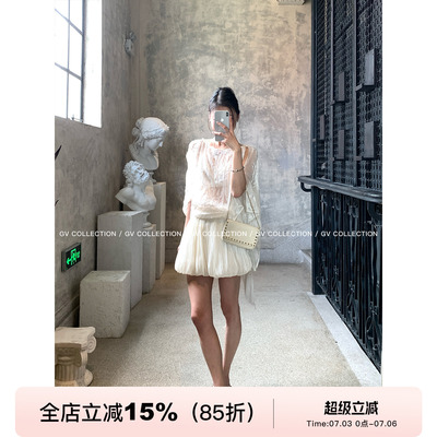 清透百褶花苞微闪短裙裙裤