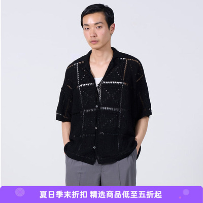 YOKE CROCHET KNIT SHIRT 格子纹理针织短袖衬衫