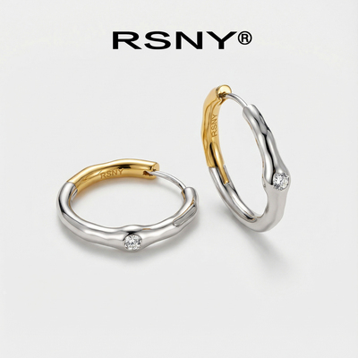 [新品]RSNY[升温]耳环双色撞色波浪纹理微镶小钻精致Hoop通勤款