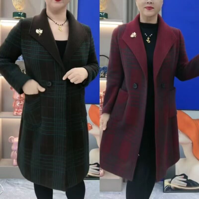 2025秋冬新款时尚气质百搭长款格子毛呢大衣女士洋气显瘦风衣外套