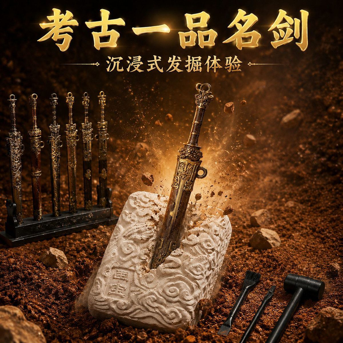 考古挖掘玩具古代名剑玩具模型儿童DIY手工盲盒男孩礼物宝藏石膏