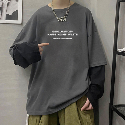 秋季青少年高中生潮流假两件长袖t恤体恤男宽松纯棉小衫百搭秋装