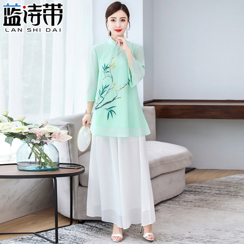阔腿裤套装两件套夏复古风宽松时尚禅意茶服套装唐装汉服女女装