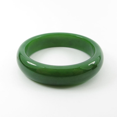 玉器和田羊脂玉手镯碧玉手镯扁圆形手镯玉镯子菠菜绿53.6