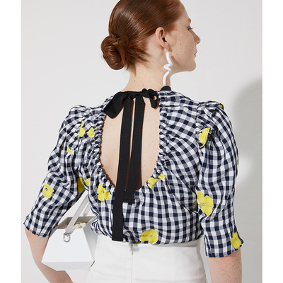 黑白格小黄花廓形袖抽绳飘带衬衫