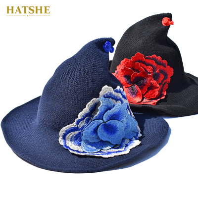HATSHE刺绣立体花朵尖顶女巫帽