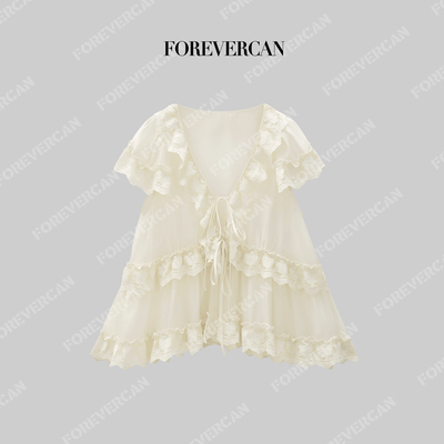 Forevercan女装“叠风岸”柔光薄纱拼接花边遮肚纯欲风无袖小衫