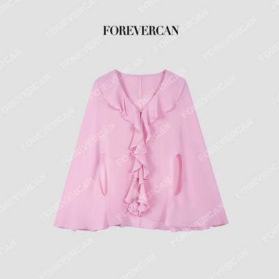Forevercan女装“蜜桃假日”100人丝大翻领木耳边口袋轻薄小衫