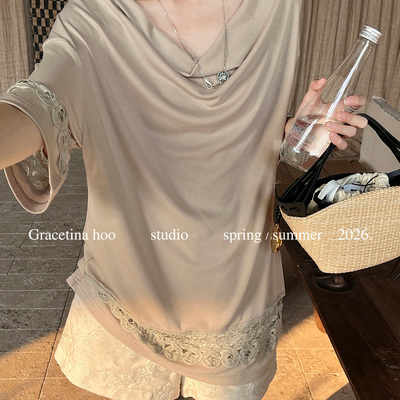 GRACETINA HOO-夏上新38天丝法式定制手工蕾丝拼接荡领松弛TB4118