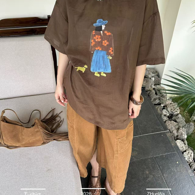 卓娃-26年夏上新牵小狗女孩印花宽松时尚短袖T恤7183#