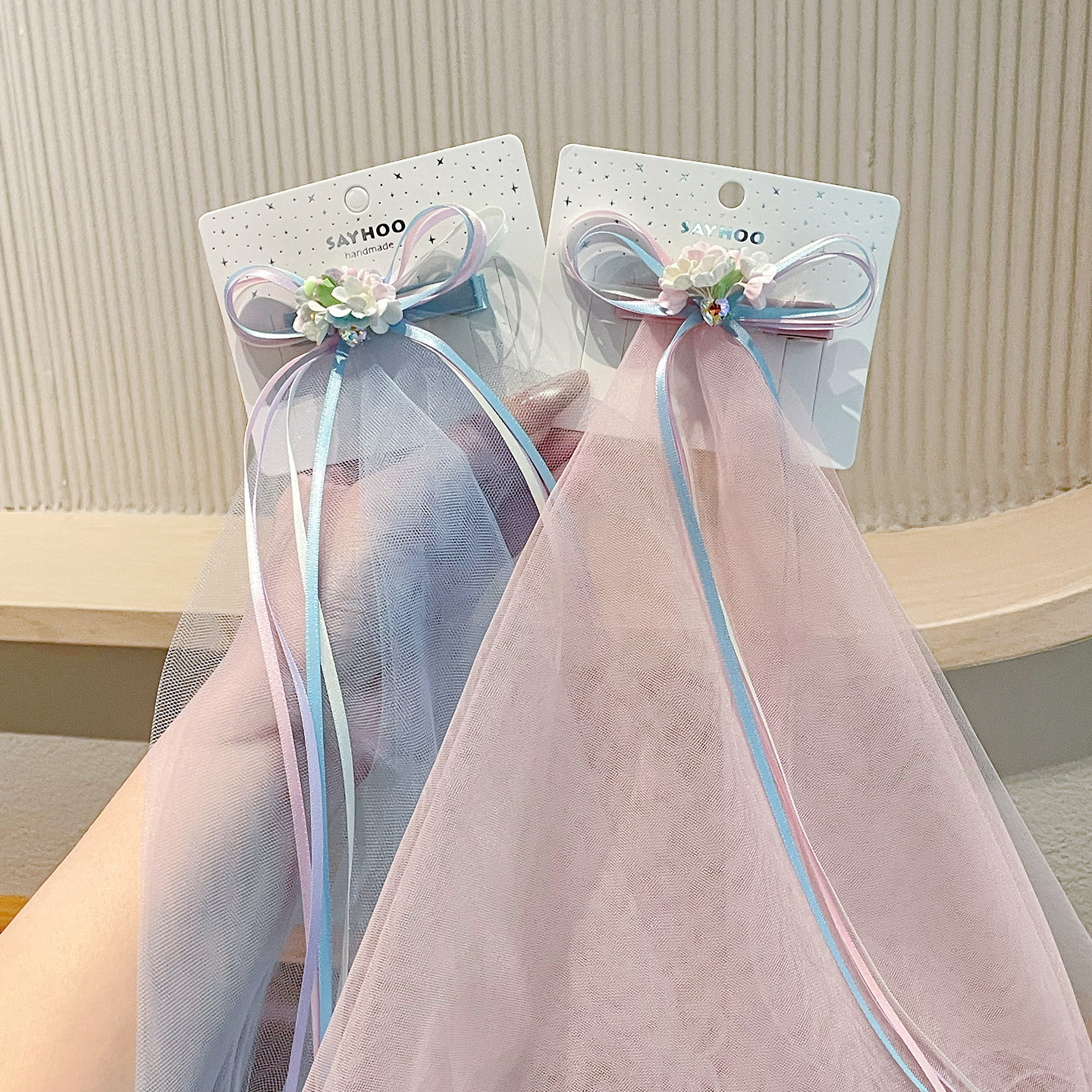 儿童仙气甜美头纱花朵飘带发夹小女孩七彩蝴蝶结飘带头纱发夹26年