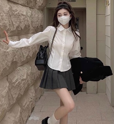 白色收腰衬衫女2021秋季新款学院风韩版修身显瘦减龄长袖衬衣上衣