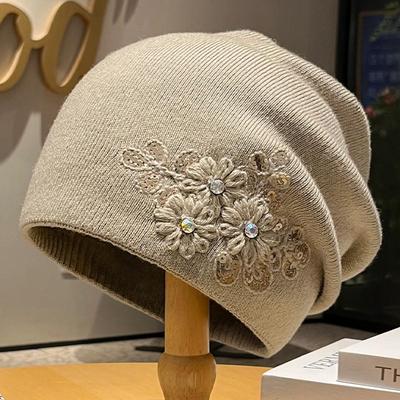 毛线帽堆堆帽女花朵秋冬