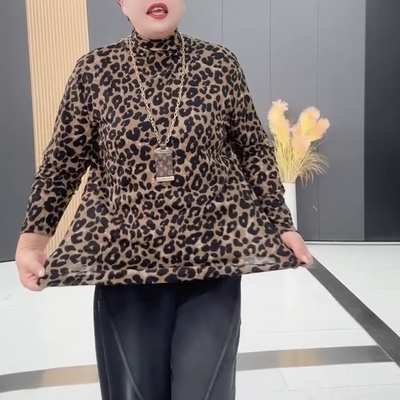 韩版高领长袖豹纹T恤打底衫