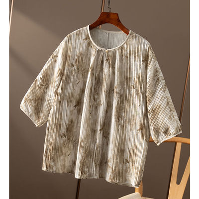 ￥499 秒！轻中式 真丝柔叠绉圆领连裁袖衬衫女春天家3Q94
