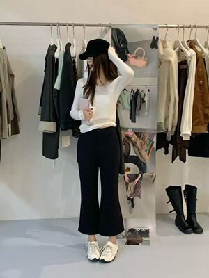 秋季韩版高腰弹力显瘦微喇九分裤