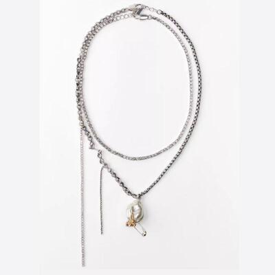 满39包邮zara双层叠戴仿珍珠别针吊坠轻奢高级感简约锁骨链女配饰