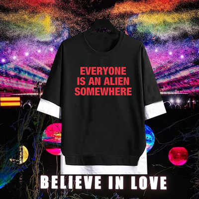 酷玩乐队ColdPlay2025摇滚演唱会印花假两件T恤男女宽松五分袖夏