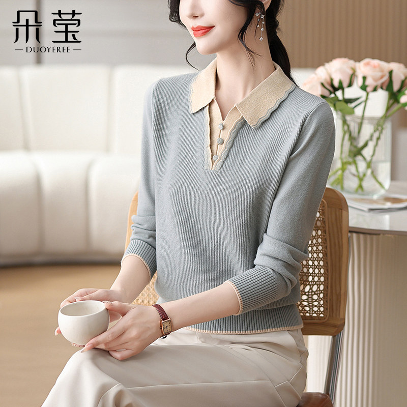 2026新款妈妈春秋洋气翻领毛衣40岁50中老年女秋冬针织打底衫套装