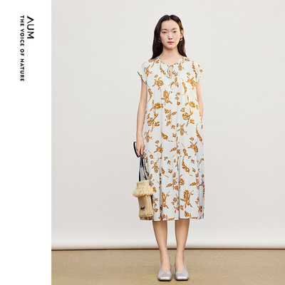 【FaFa裙】AUM噢姆2026年夏季新款盖袖印花连衣裙休闲宽松长裙女