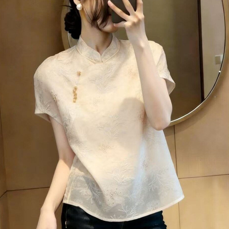 新中式立领雪纺小衬衫气质显瘦夏季2026新款短袖上衣女装国风复古