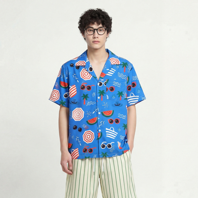 夏日海边椰树印花领短袖衬衫