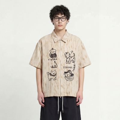 别人遛狗扎染宽松短袖衬衫男女