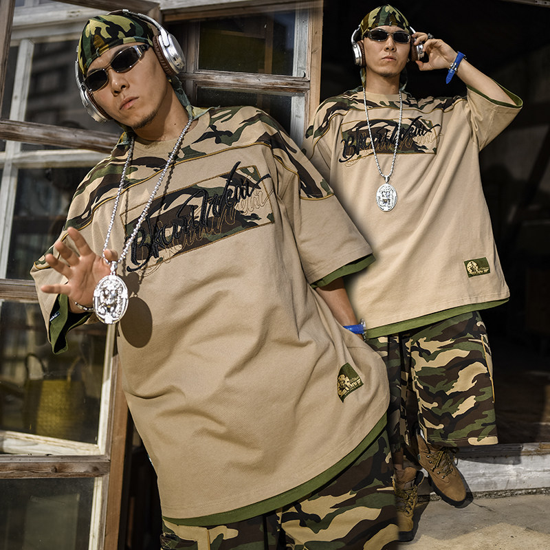BLACUL 迷彩拼接纯色刺绣印花短袖T恤男美式街头嘻哈宽松肥大半袖