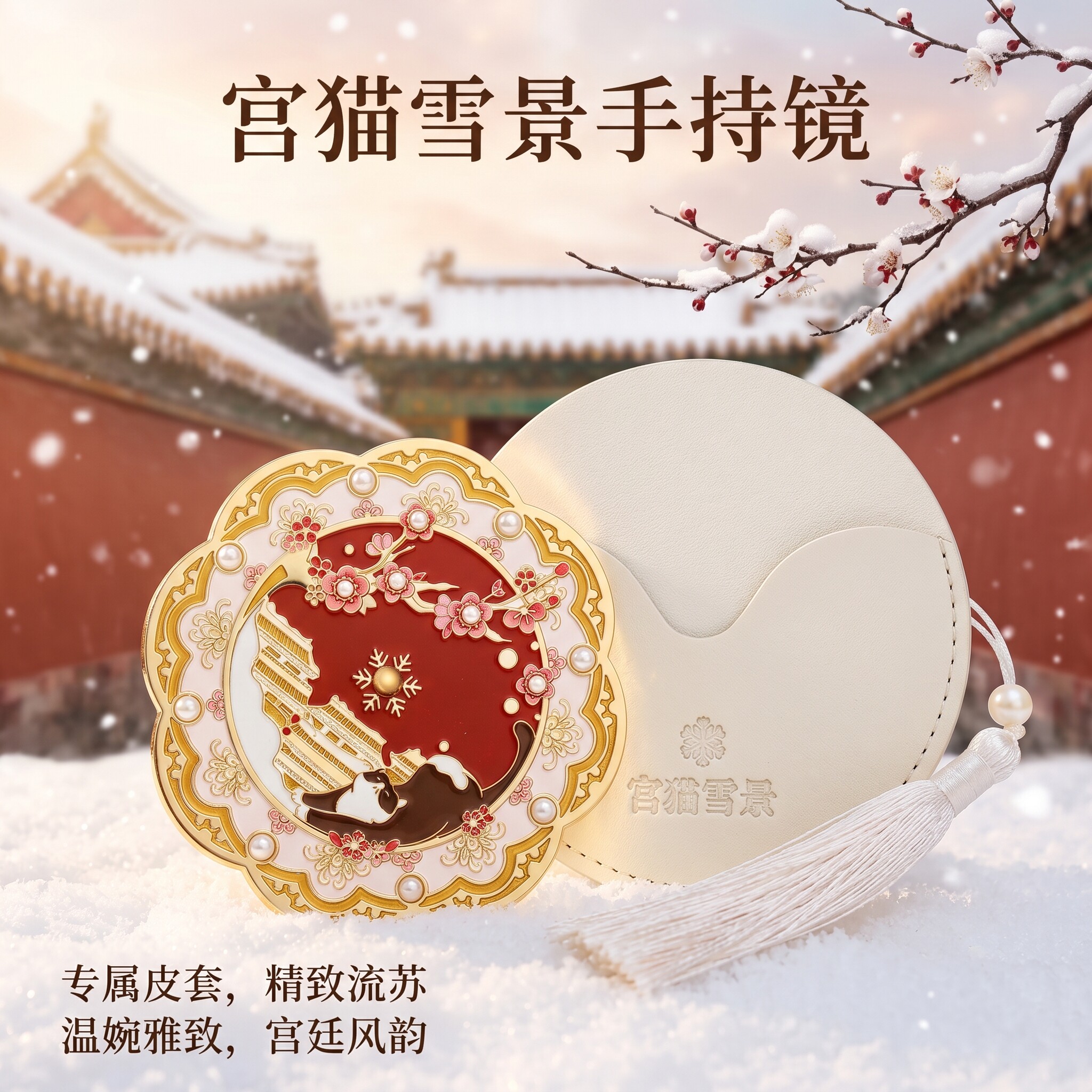 故宫猫雪景手持镜丨随身珠光镜女生化妆送礼金属创意礼物高级文创