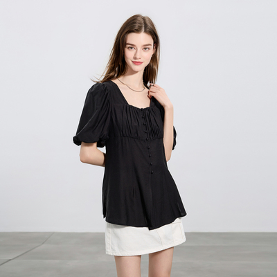 ibudu2025夏季新款复古方领灯笼袖衬衫纯色衬衣小衫上衣女