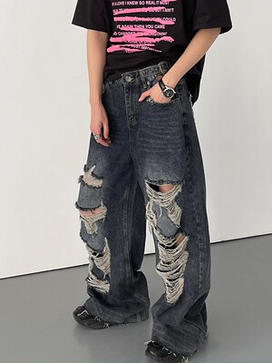 韩版时髦高街复古潮流水洗大破洞牛仔裤男士小众高腰喇叭拖地裤