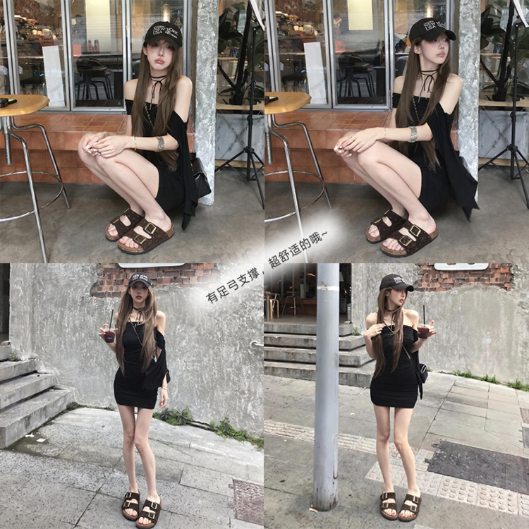 2026小波点双扣勃肯凉拖女软木平底百搭外穿复古网红休闲沙滩凉鞋