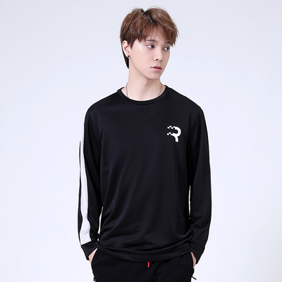 春季新款男士长袖上衣宽松拼接速干运动风潮流圆领