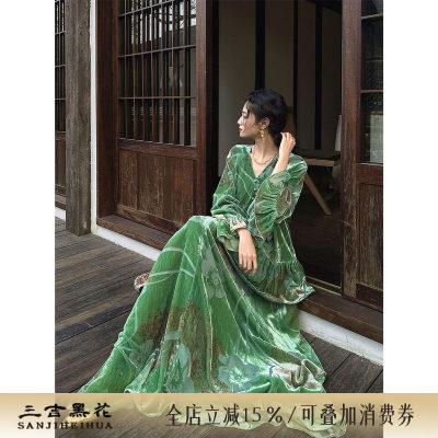 【熊熊专属】三吉黑花【浮花月】新中式烂花丝绒连衣裙子秋冬装